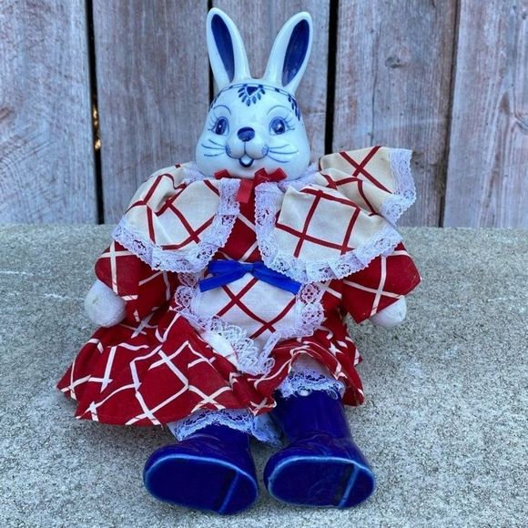 Vintage | Accents | Vintageceramic Blueand White Bunny Rabbit Head Doll ...